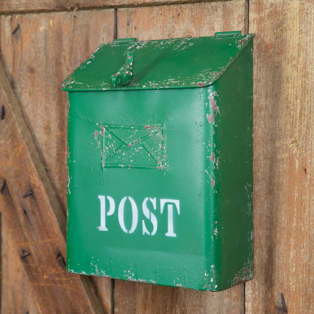 GREEN EMBOSSED METAL POST BOX WITH CAST BIRD KNOB
